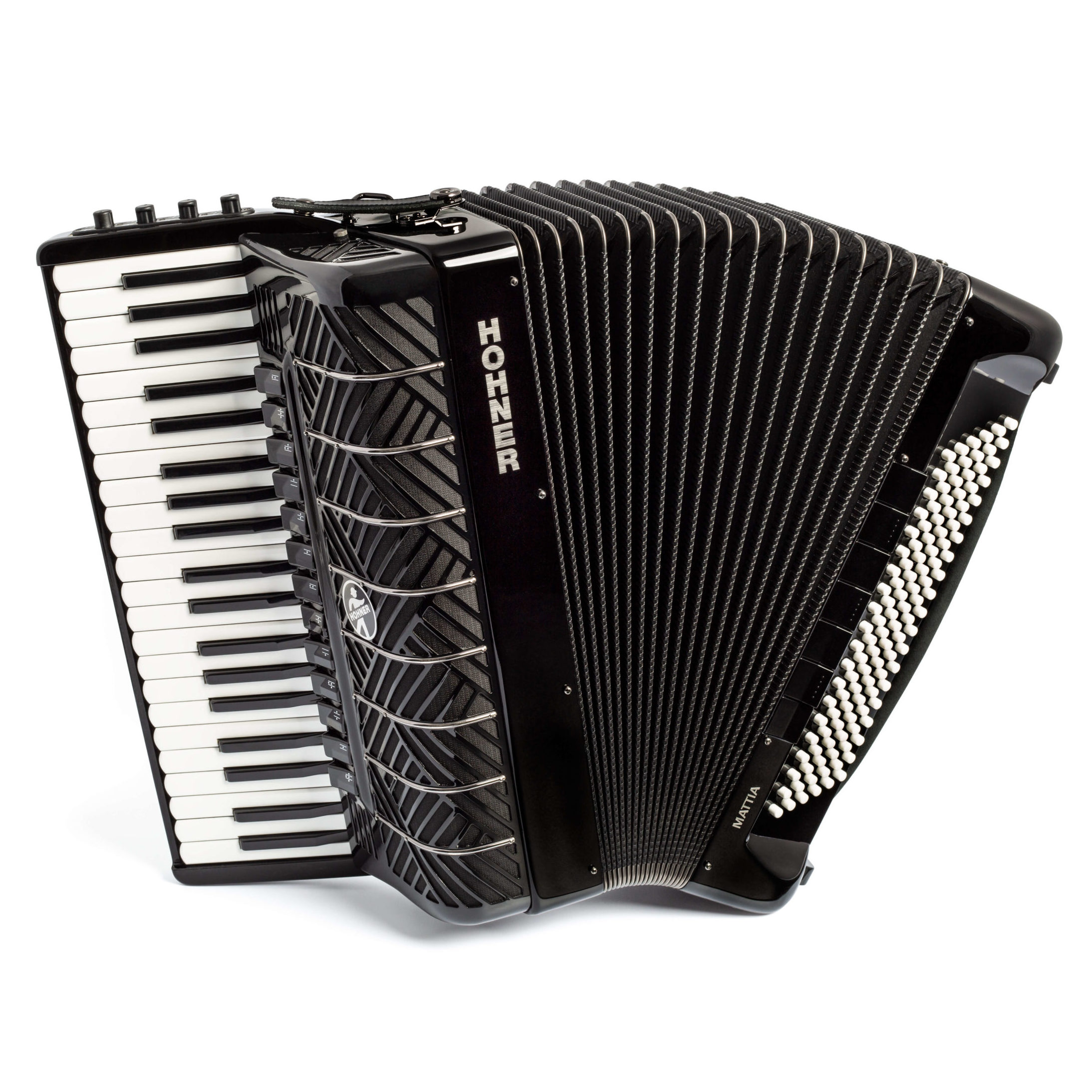 Hohner Mattia IV 120 BK gun black, chin reg., white keys - Jim Laabs ...