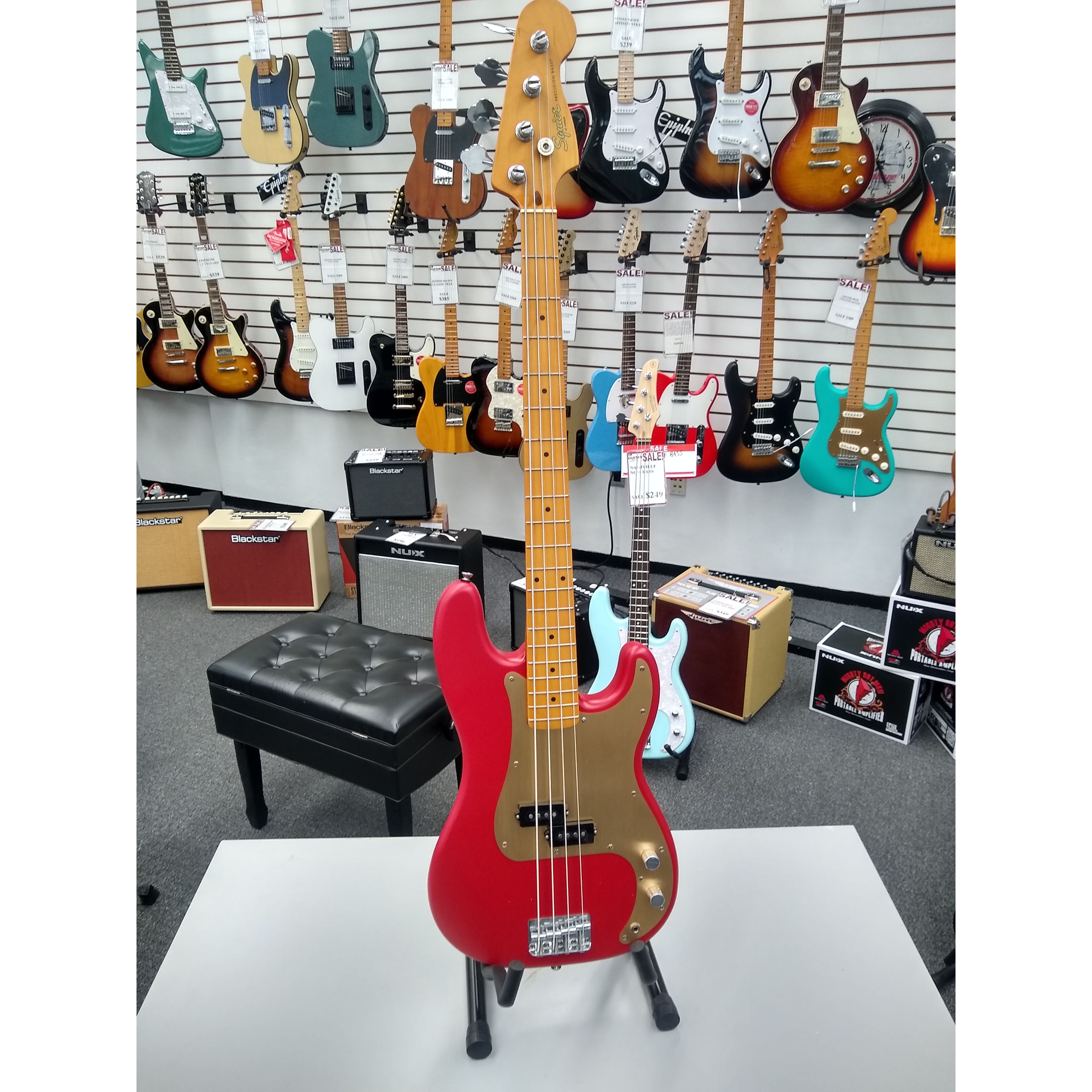 Squier 40th Anniversary P Bass Red Satin /Gold - Jim Laabs Music Store