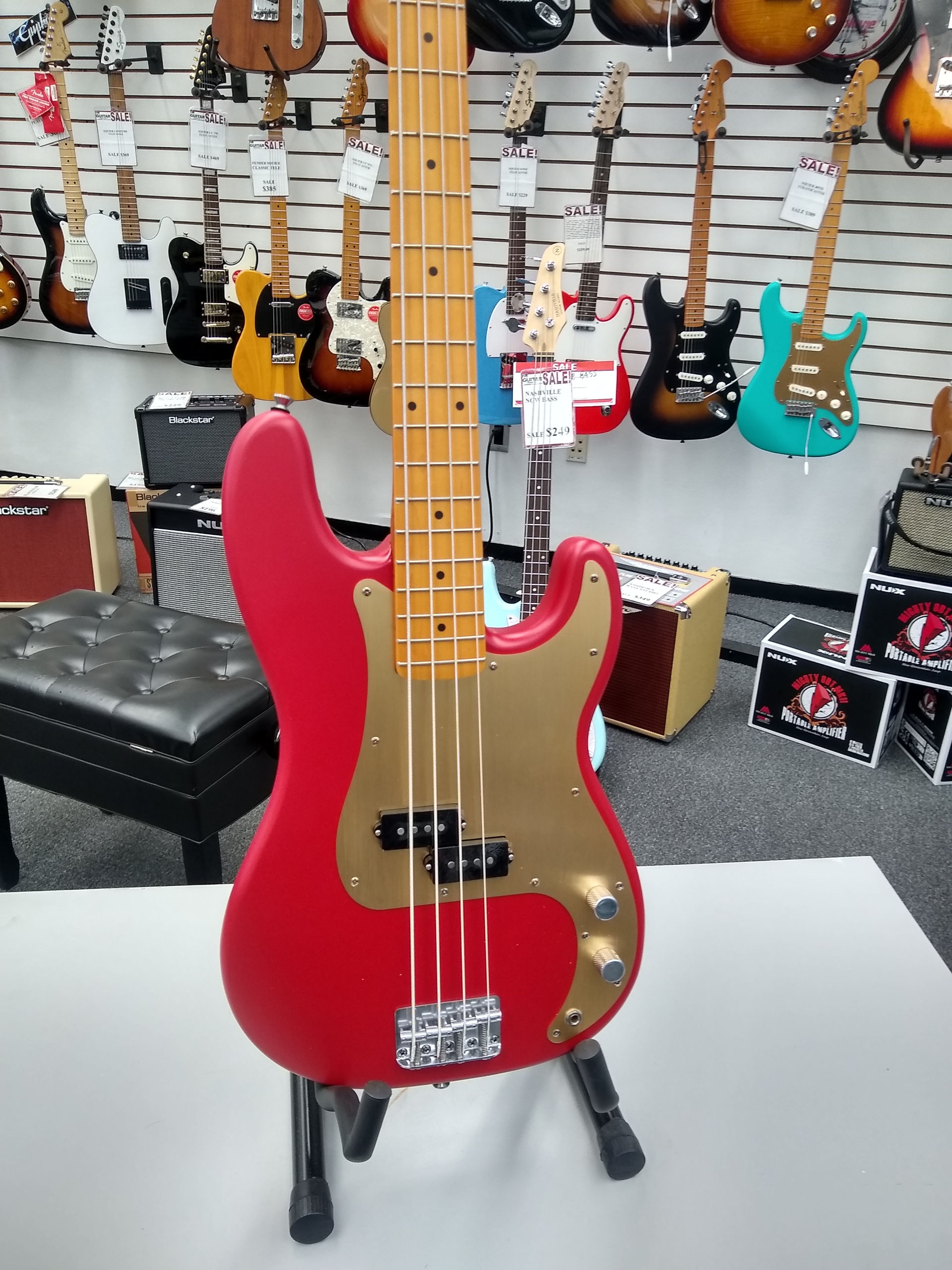 Squier 40th Anniversary P Bass Red Satin /Gold - Jim Laabs Music Store
